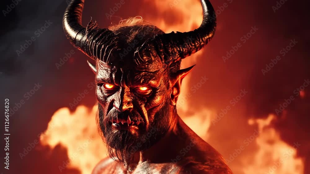 Evil demon with horns. Red fire flames around. Hell background. Scary ...