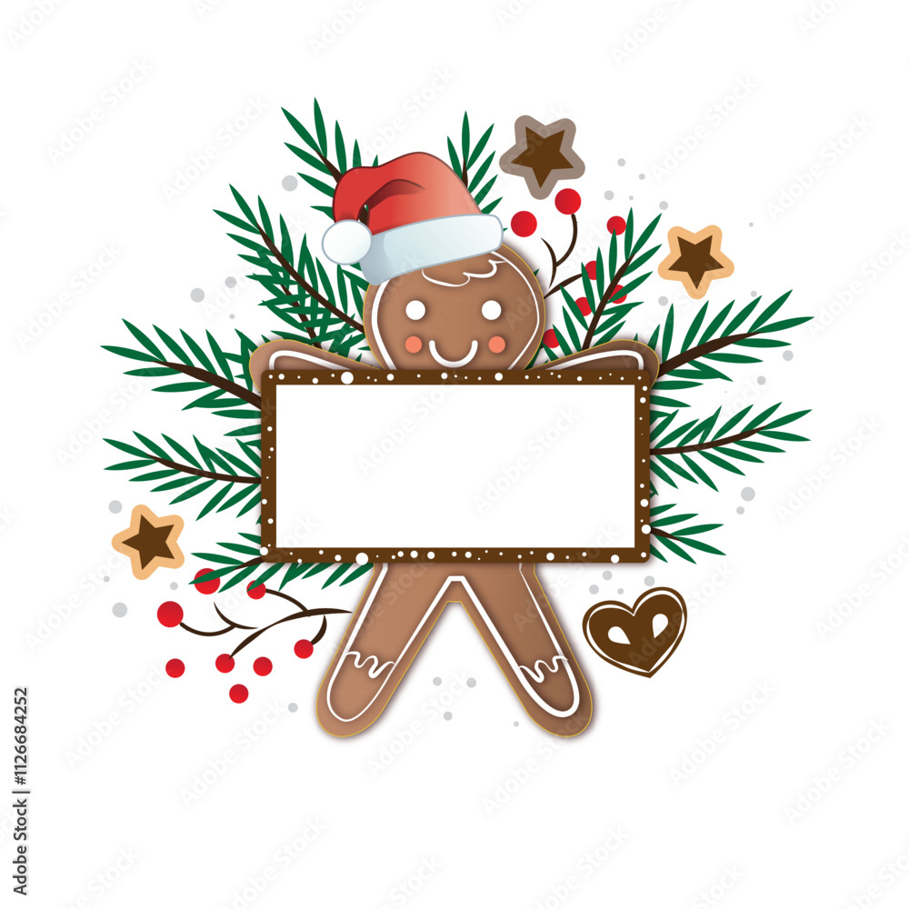 Gingerbread man look behind white billboard isolated over white color ...