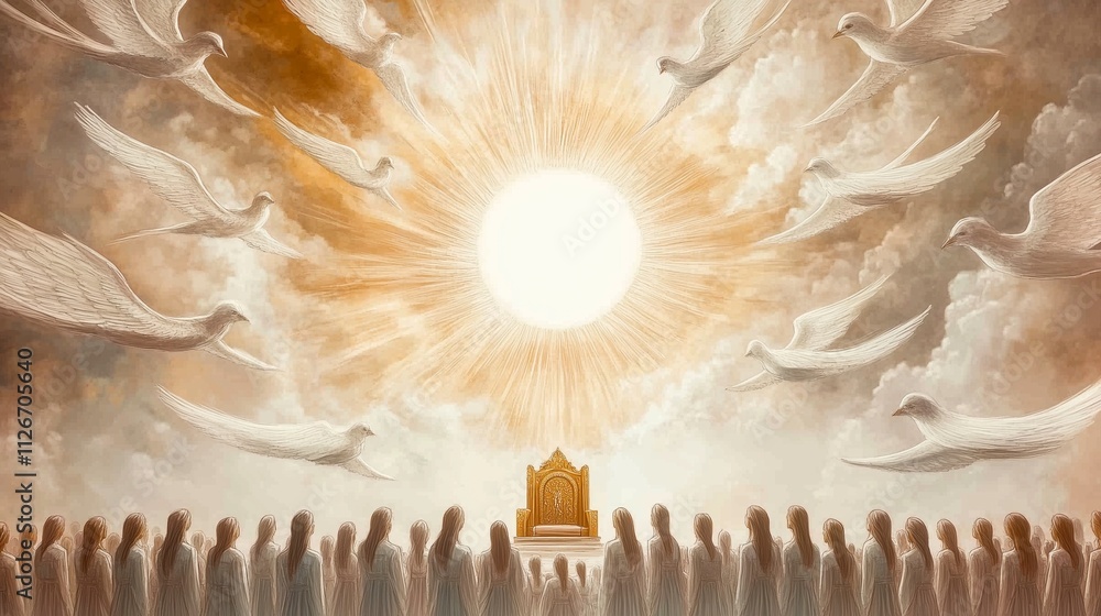 throne in heaven with angels and people in white depicting second ...