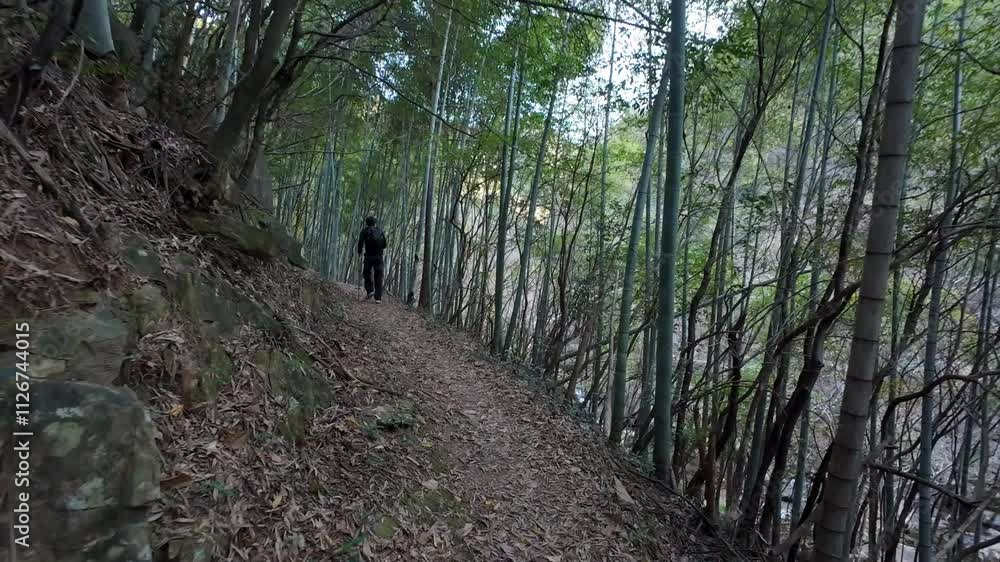 POV hike in mountain in Zhejiang, China, walking up along path through ...