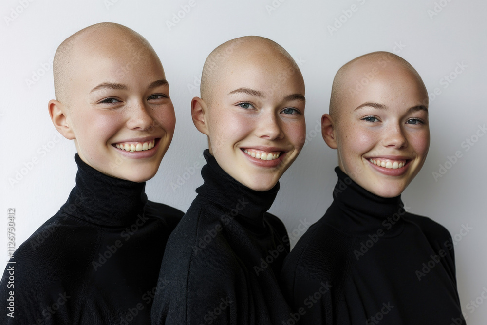 Portrait series of identical female triplets in black turtlenecks with ...