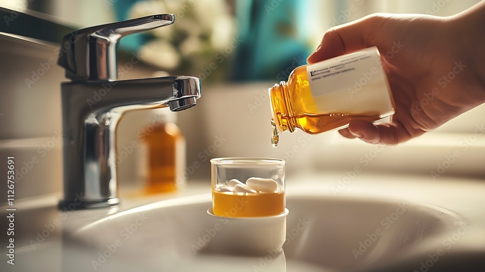 20. A hand pouring liquid medicine into a small cup while standing near ...