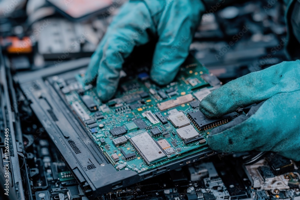 Technician disassembling an old laptop, carefully removing parts for ...
