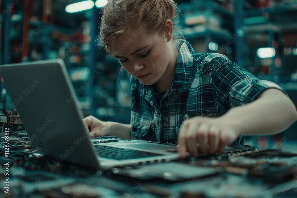 Technician disassembling an old laptop, carefully removing parts for ...
