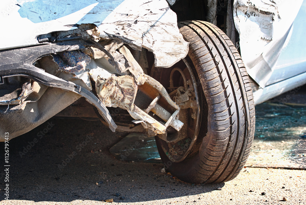 Car with torn rear wheel and bent axle after severe road collision ...