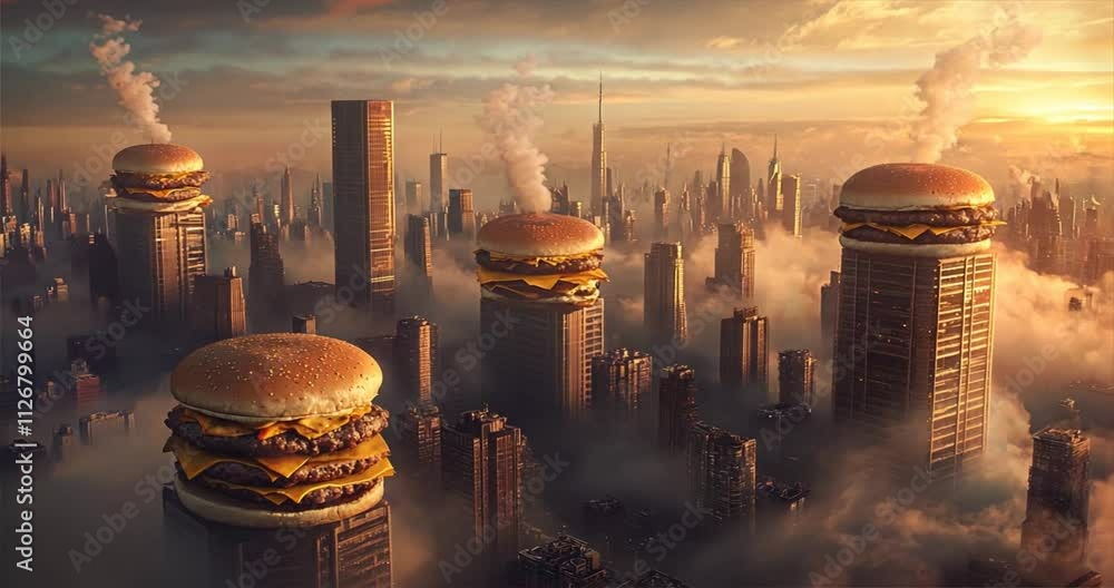 Futuristic cityscape of giant burger-shaped buildings, steam rising ...