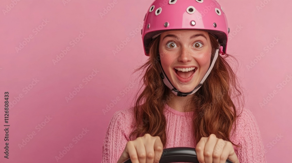 Happy pretty woman pretending to drive car. Front view of funny ...