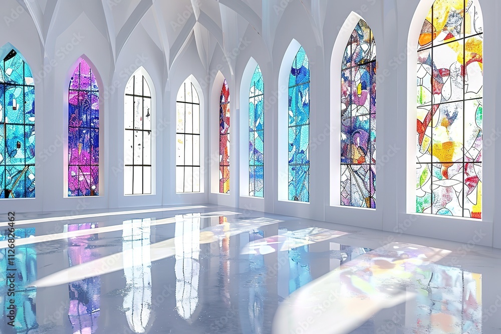 Gothic stained glass windows. Church medieval arches. Catholic ...