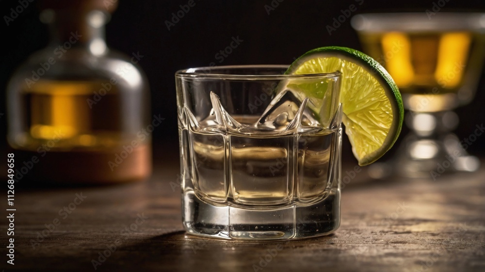 Front view of a tequila-shot, capturing the rich, clear liquid with ...