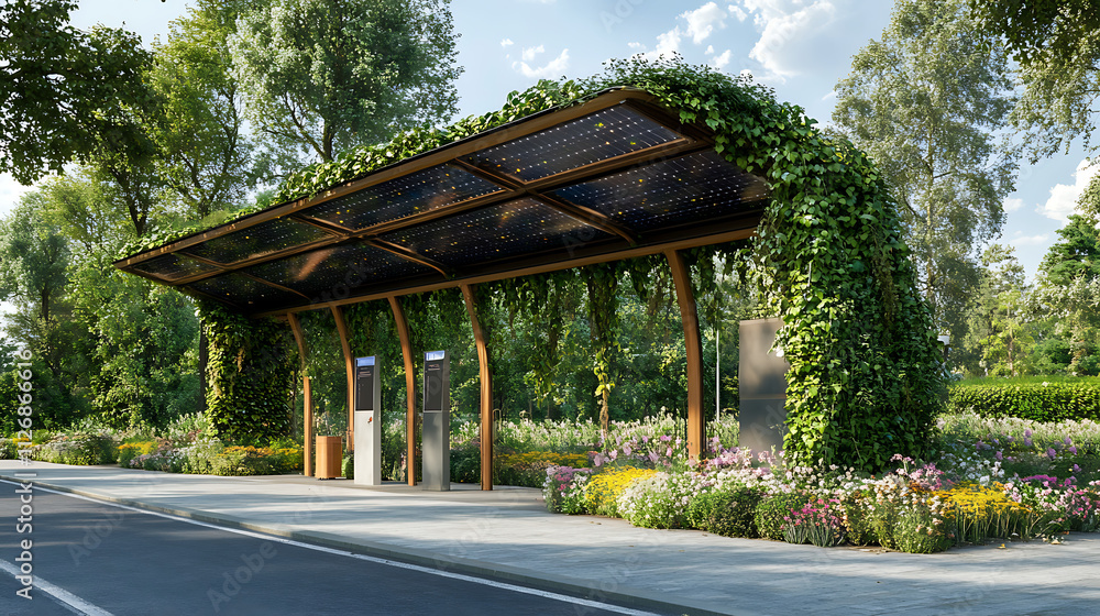 An eco-friendly bus stop covered in climbing plants and surrounded by ...
