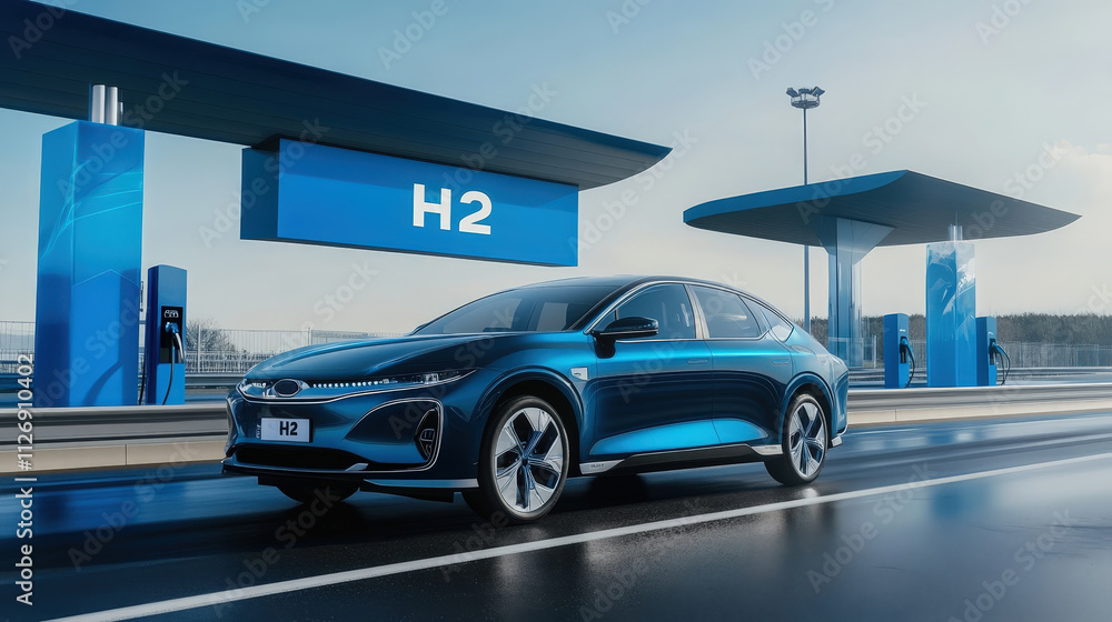 Modern hydrogen powered car driving clean highway showcasing eco ...