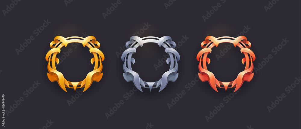 Set of game frames on black background. Gold, silver, bronze metal ...