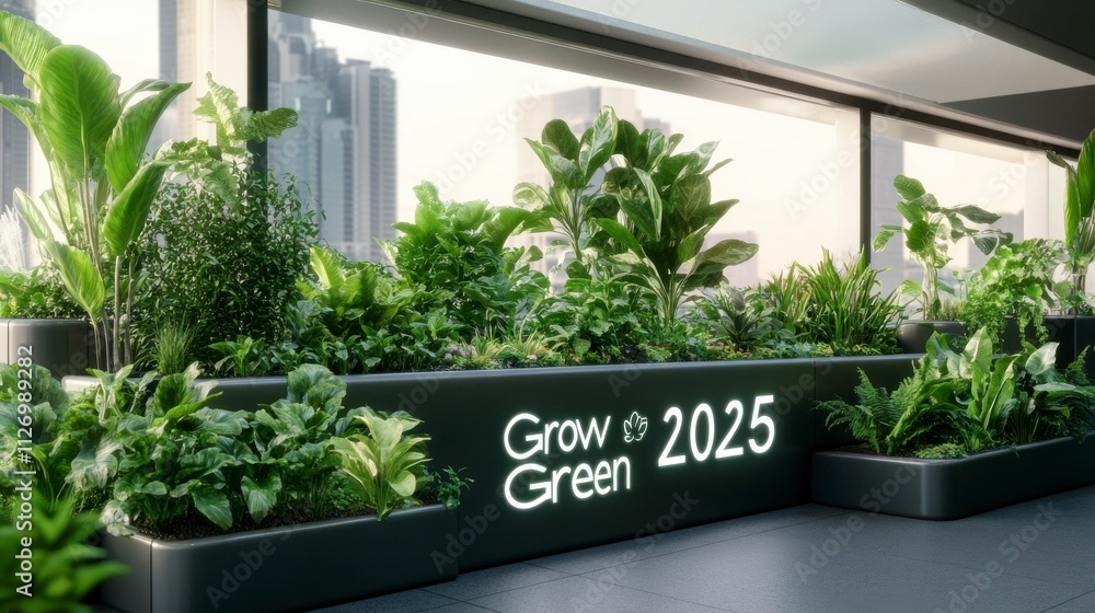 Lush Indoor Garden with Greenery Displaying "Grow Green 2025" in Modern ...
