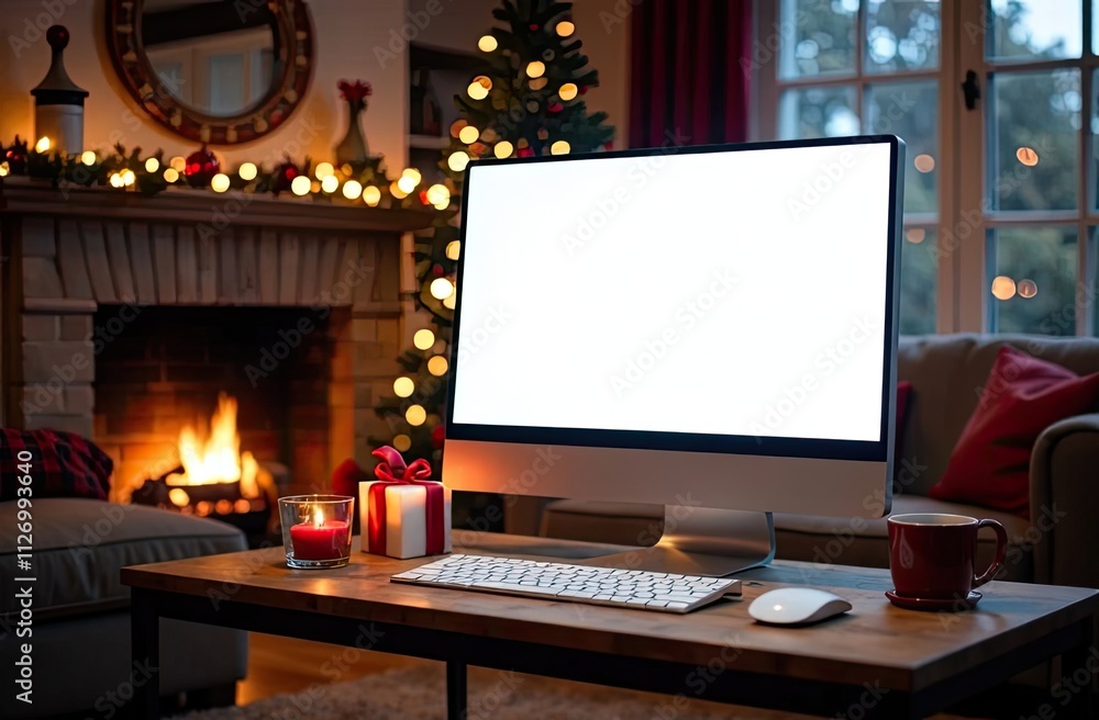 Home Computer Monitor with white screen mock up on table in the cozy ...