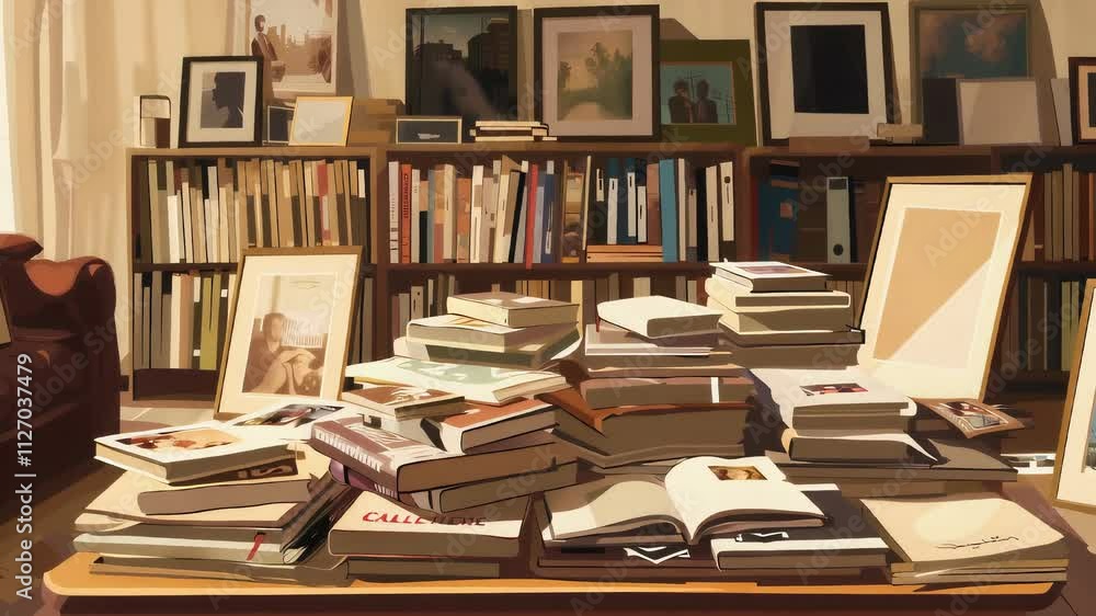 A disorganized collection of magazines, books, and framed photos on a ...