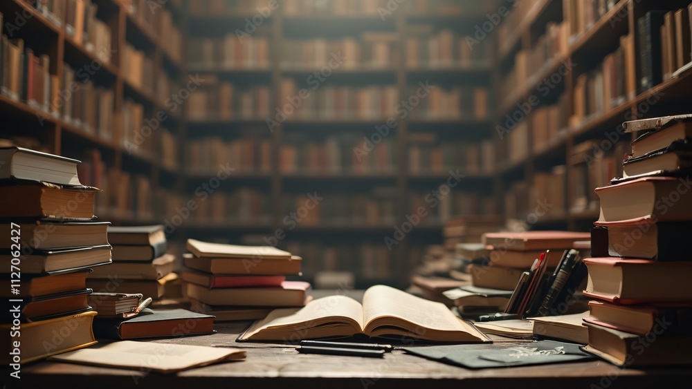 Dimly Lit Library, Cluttered Yet Organized Desk with Towering ...