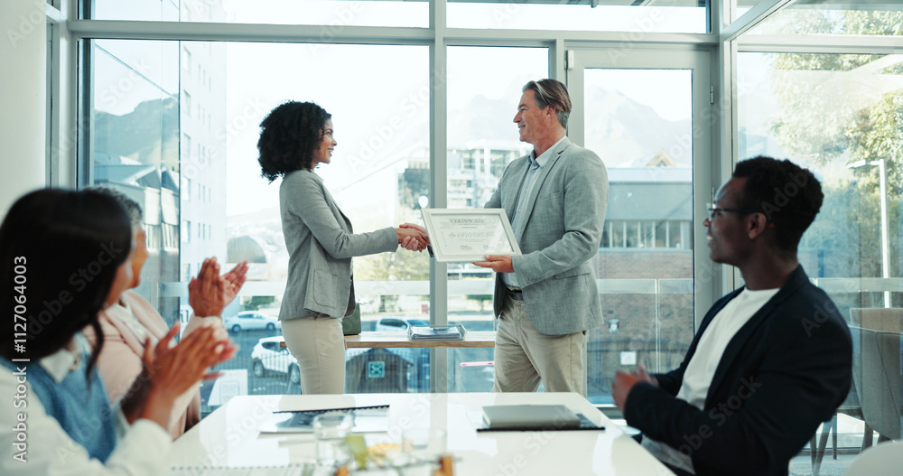 Business man, applause or handshake for award, congratulations or ...