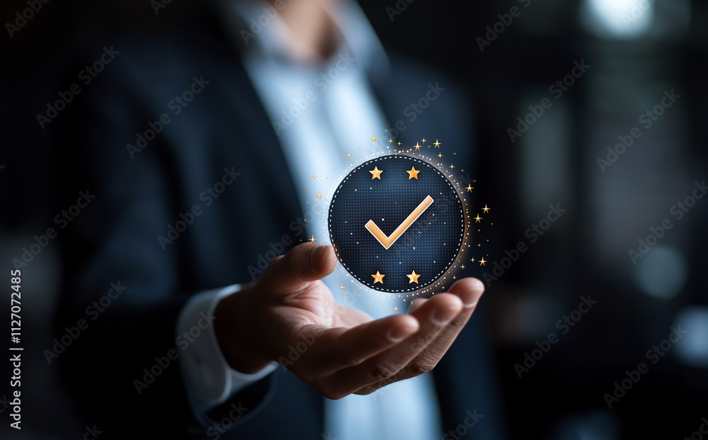 person holding virtual badge with check mark, surrounded by glowing ...