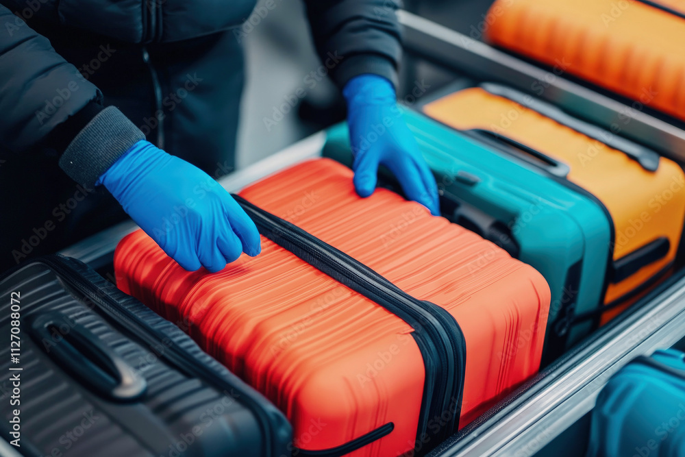 A close-up shot of a security agent wearing blue gloves carefully ...
