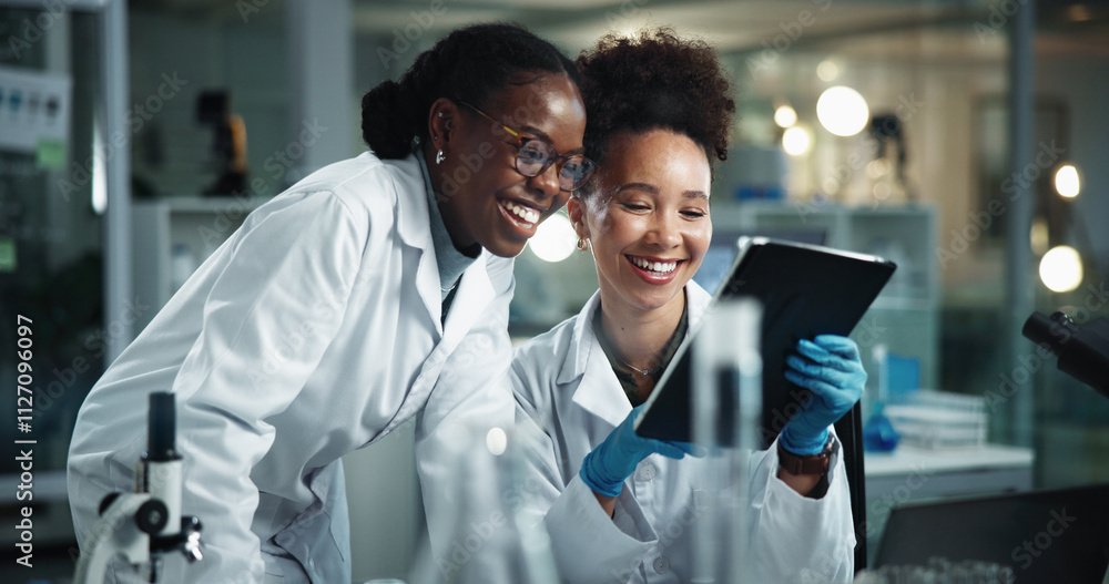 Women, scientist and tablet with research, laboratory and digital study ...