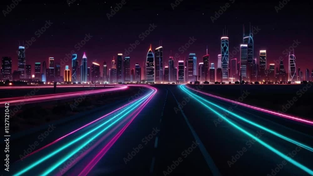 High-speed light line in the form of a road and a highway in a night ...