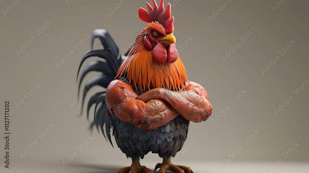 3D Muscular Rooster with Crossed Arms, Exuding an Angry Expression and ...