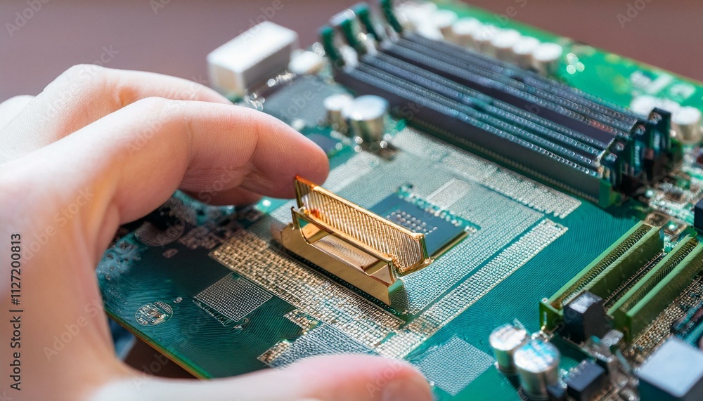 Installing CPU: A hand carefully places a CPU onto a motherboard socket, showcasing the ...