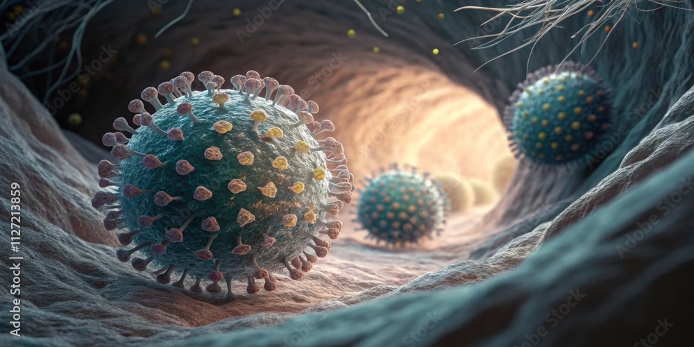 Microscopic view of viruses navigating through a cellular structure ...