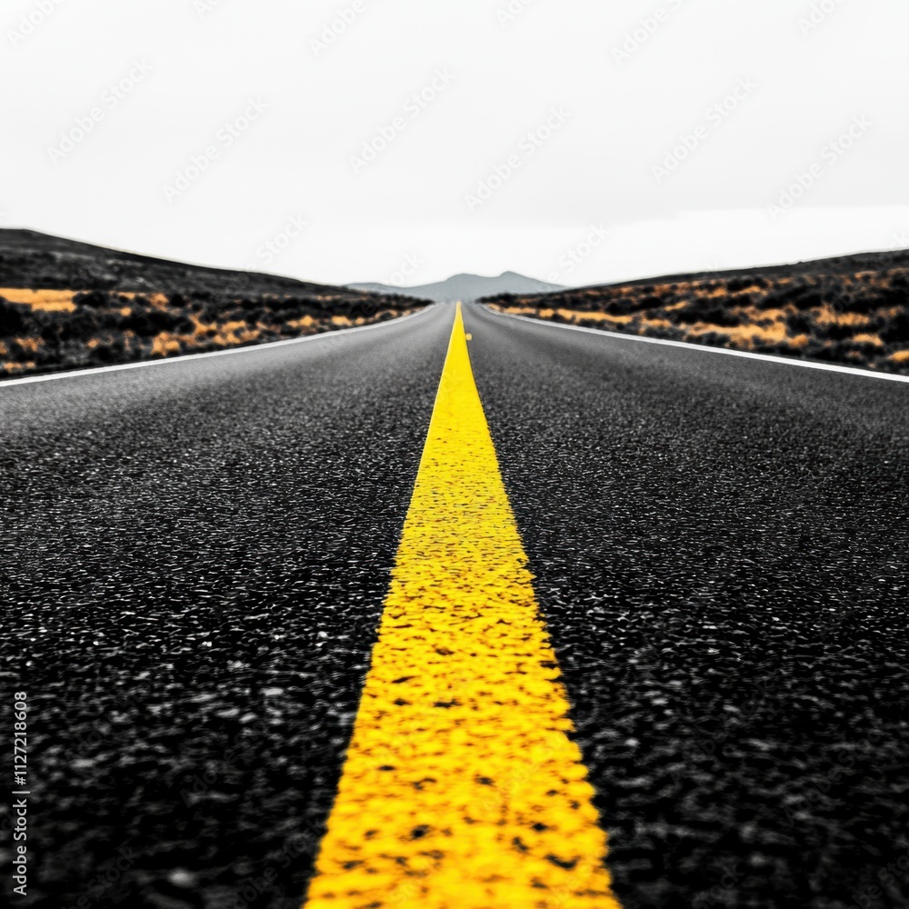 Asphalt road with bold yellow marking isolated against a white ...