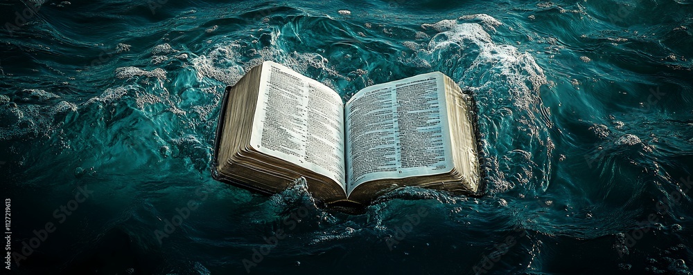 An open book floating on the water, surrounded by waves, with blue and ...