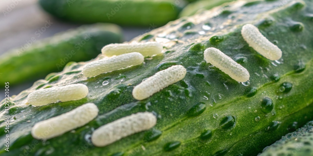 Close-up view of cucumber infested with small white larvae showcasing ...