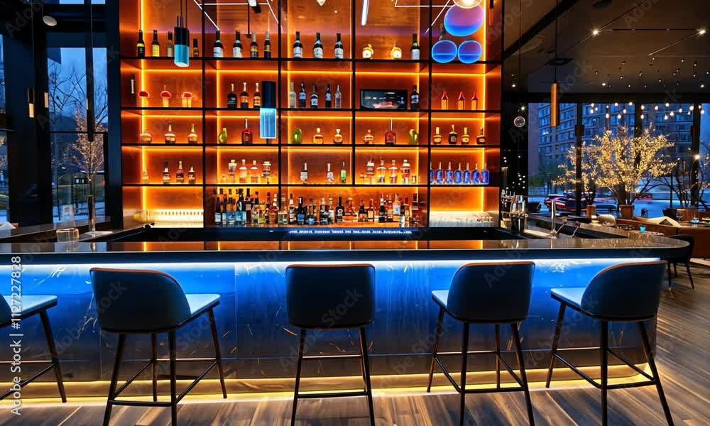 Modern bar interior with blue lighting, a marble countertop, and a back ...