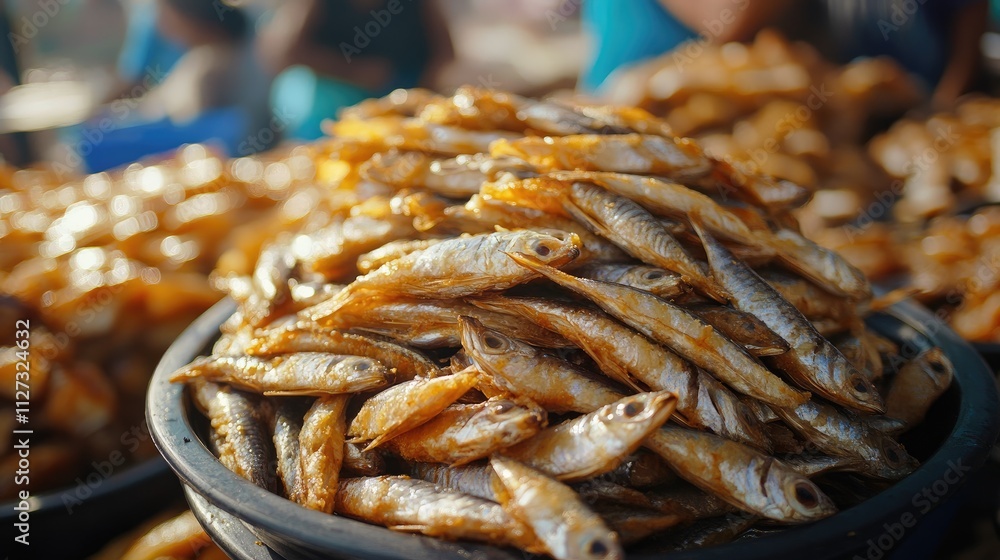 Dry salted fish piled high at a bustling Indian fish market showcasing ...