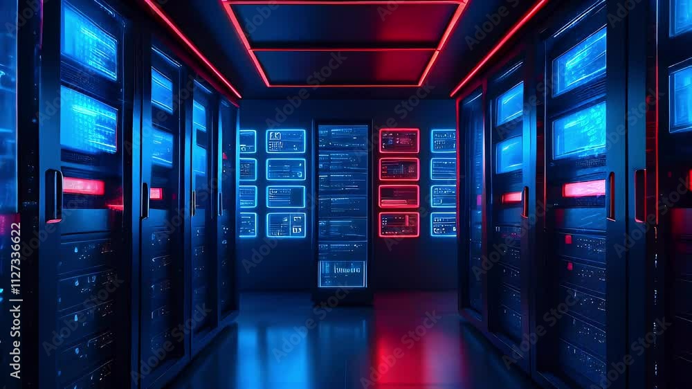 A futuristic server room with illuminated racks and screens showcasing ...