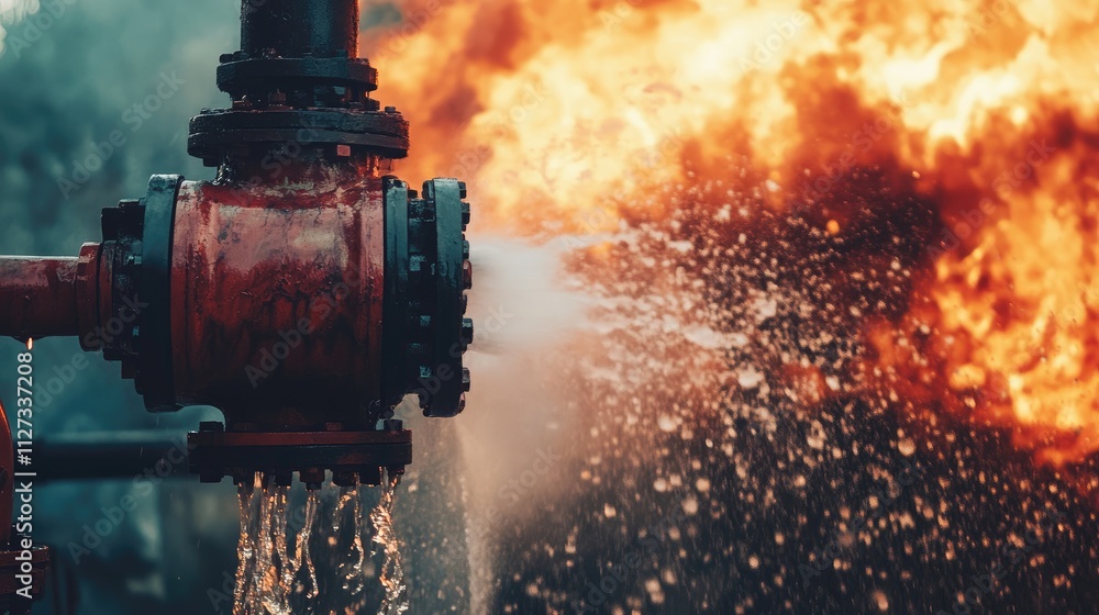 Fire suppression system malfunction with water spraying from a pump amidst flames showcasing ...
