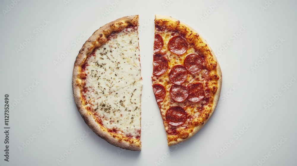 Half cheese and half pepperoni pizza on a plain white background showcasing a delectable ...