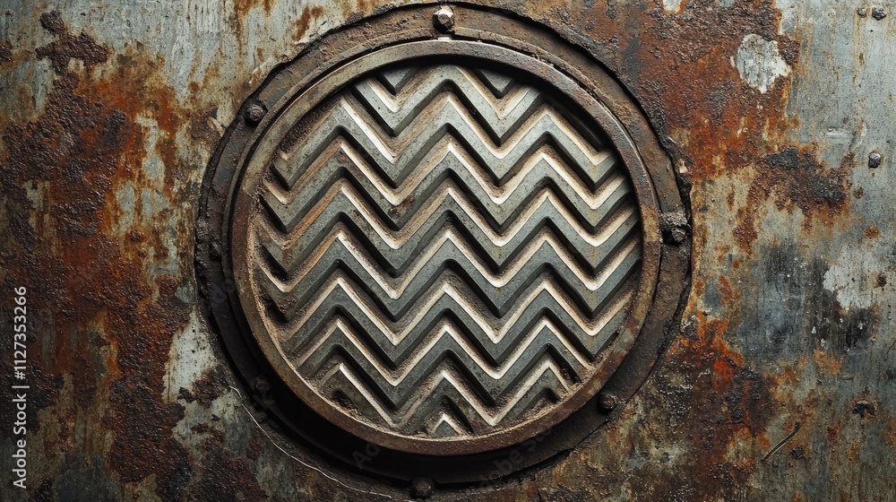 Rusty metal manhole cover with intricate zigzag design featuring aged ...