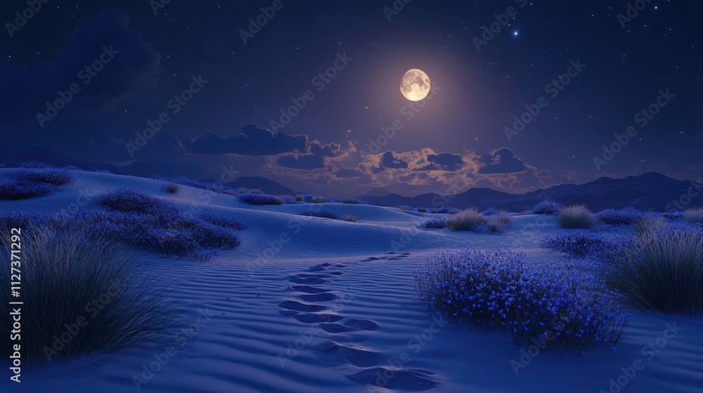 desert, moonlight, foot steps impressions in sand and tiny flowers ...