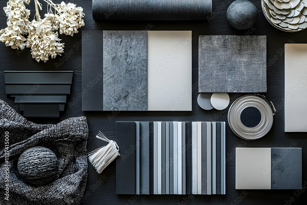 A sophisticated flat lay featuring a grey and black color palette, with ...