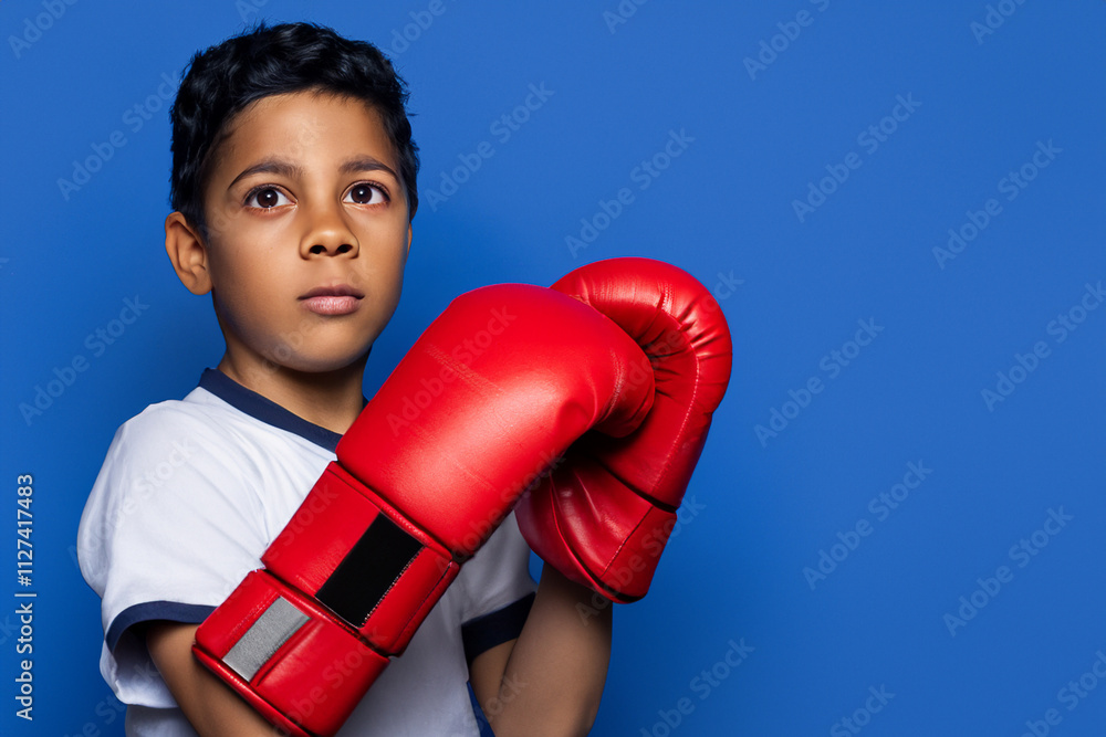 Young boy wearing boxing gloves. A boy in blue gloves with a blue background. A boy fighting in ...