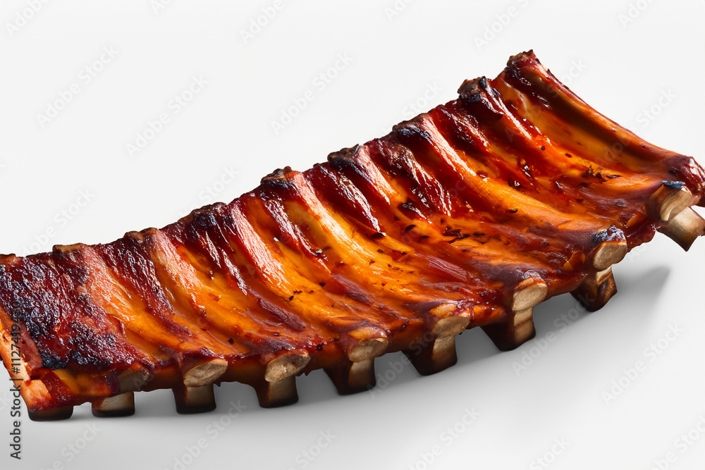 Close up of rack of ribs on white surface. Ribs with white meat on ...