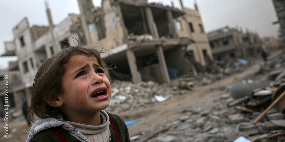 A young girl cries amidst rubble and destroyed buildings, reflecting ...