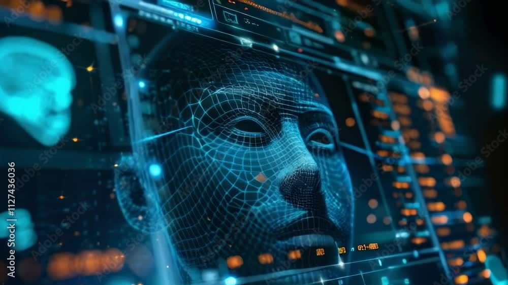 Digital human face with lines of AI biometric technology on computer ...
