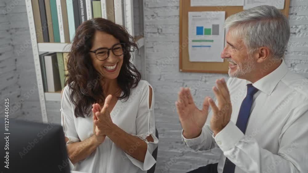 Man and woman celebrating success together in a modern office workplace ...