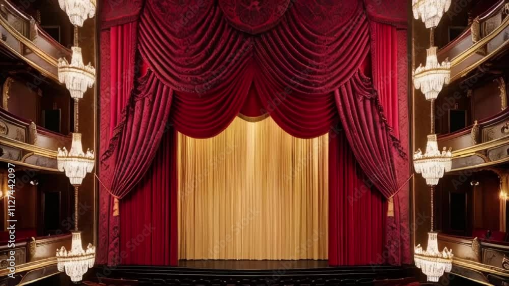 A majestic, high-ceilinged theater with ruby-red velvet curtains, sweep ...