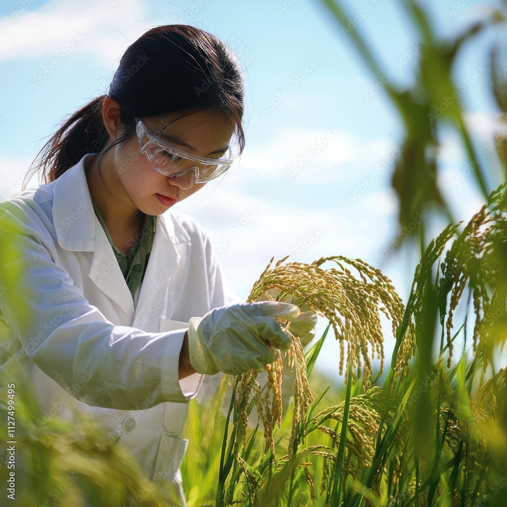 A scientist in the field conducts genetic research on rice plants ...