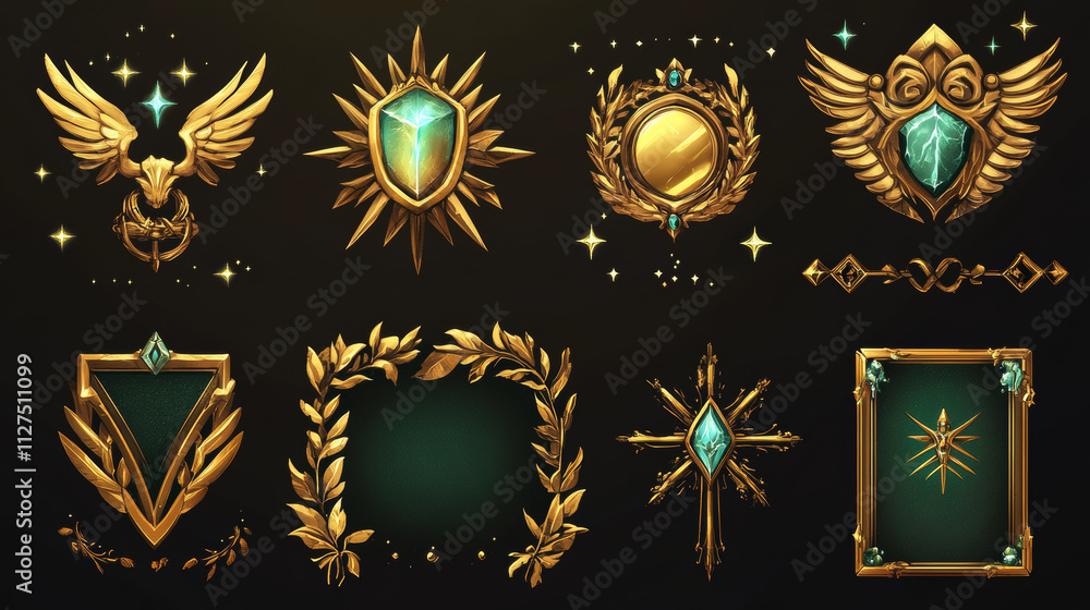 Game level golden ui icons, buttons, empty badges or banners with green ...