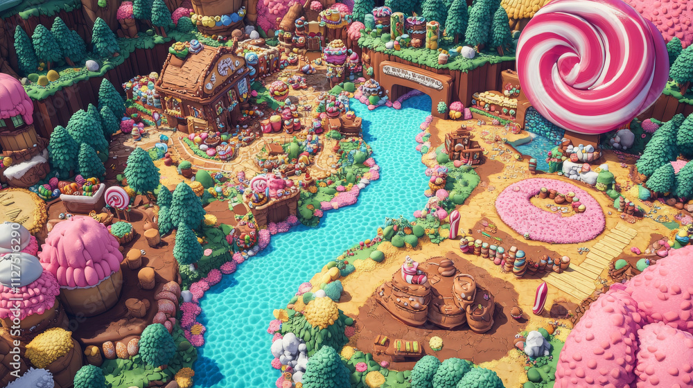 Game level map of fantasy sweet world with chocolate river, gingerbread ...