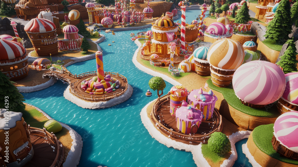 Game level map of fantasy sweet world with chocolate river, gingerbread ...