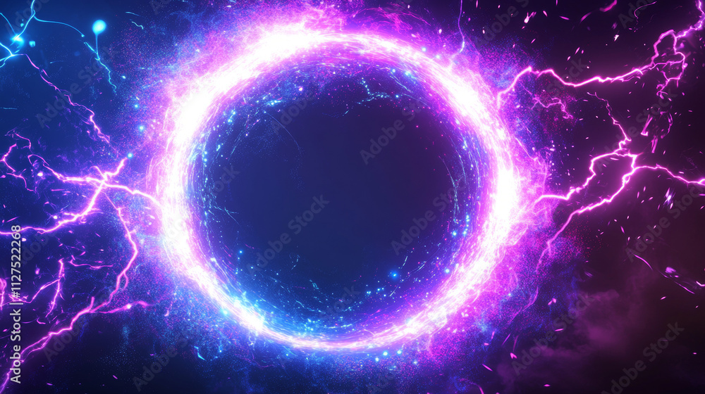 Round frames of electric lightning with sparks and neon glow. Pink and ...